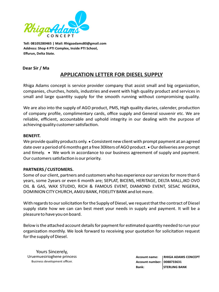 Application Letter For Diesel Supply-1 | PDF | Business | Finance ...