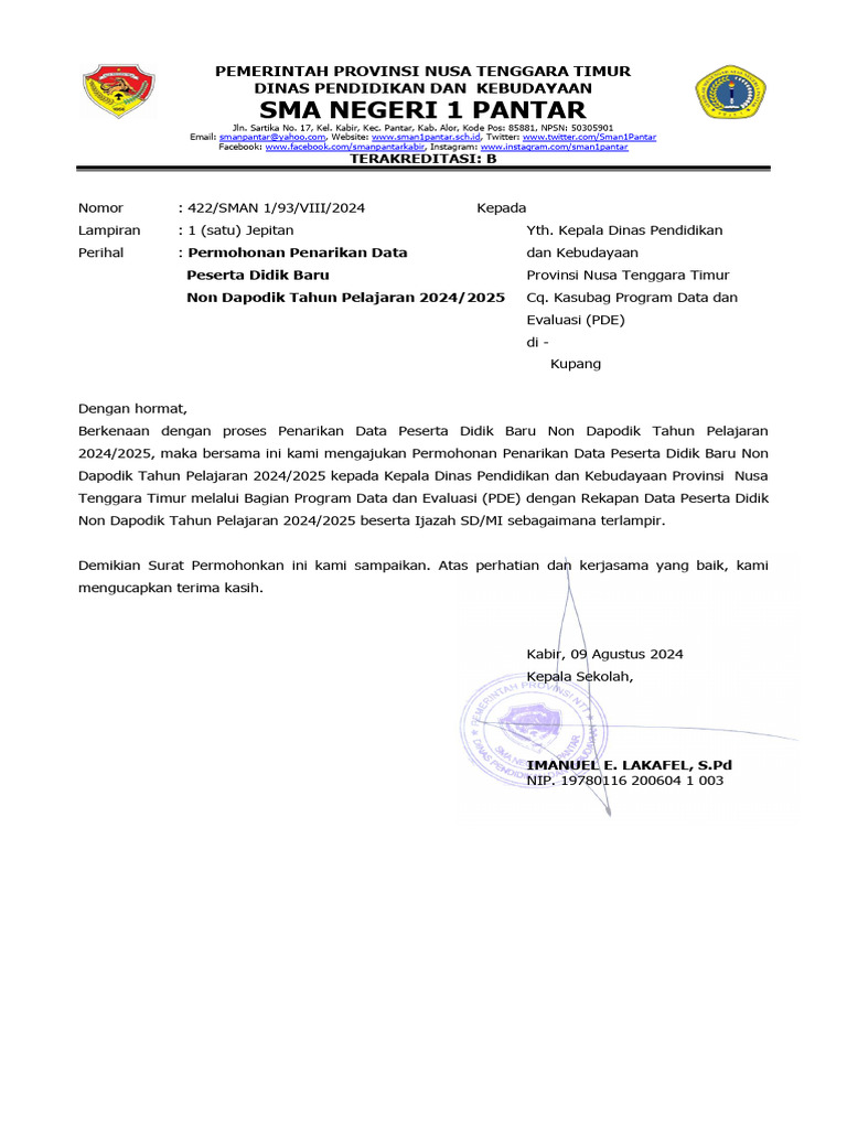 Surat Permohonan Penarikan Data PD Non Dapodik Sman 1 Pantar 2024 | PDF
