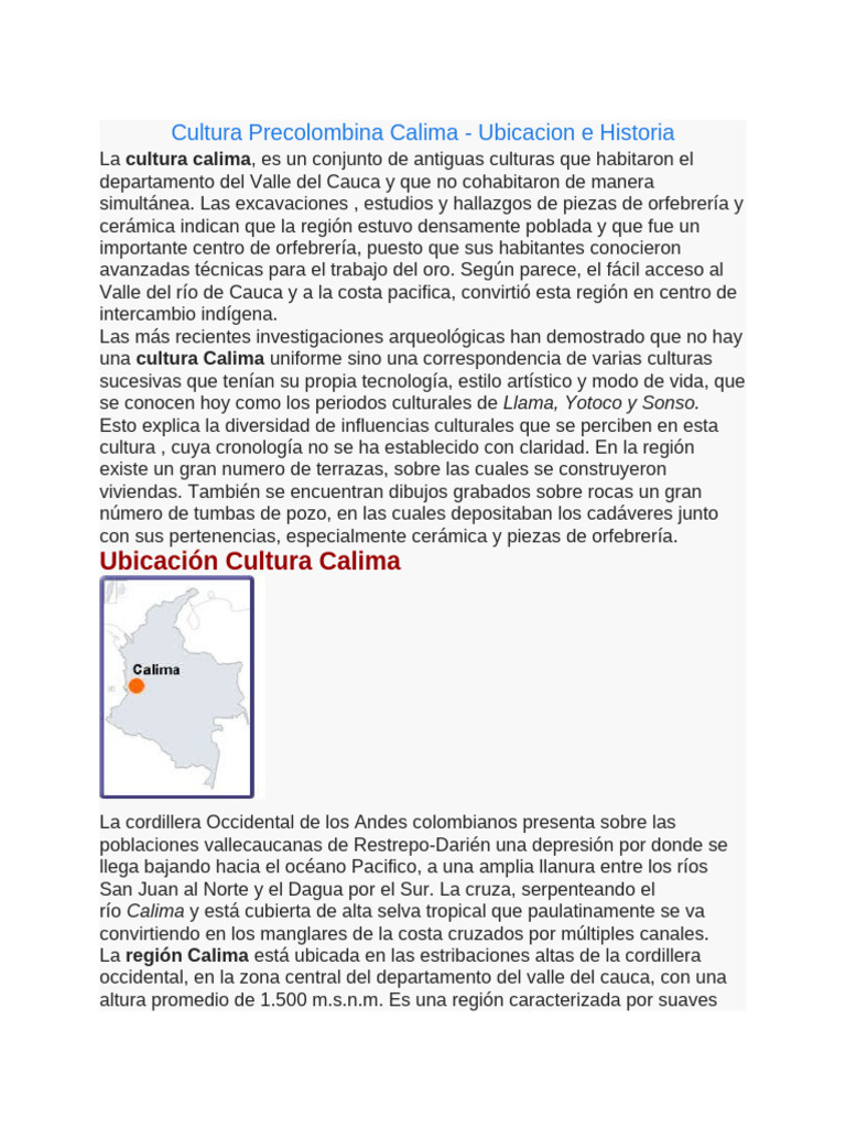 Cultura Precolombina Calima - Ubicacion e Historia | PDF