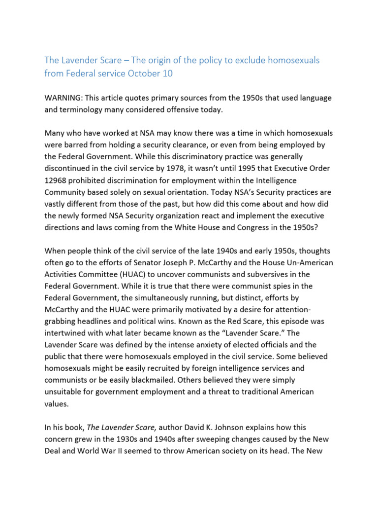 The Lavender Scare The Origin of The Policy To Exclude Homosexuals From ...