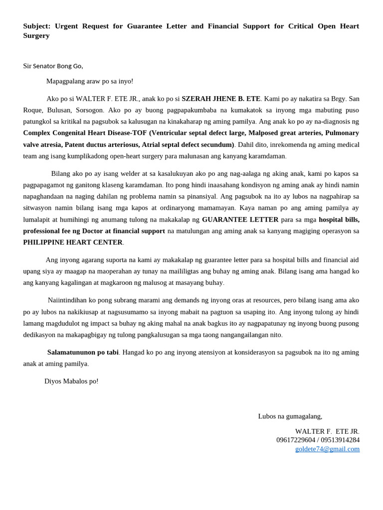 Personal Letter To Senator Bong Go | PDF | Congenital Heart Defect ...