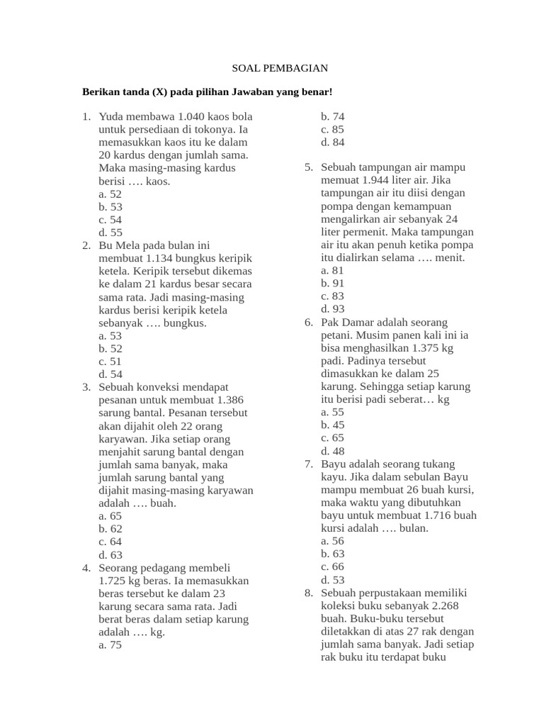 SOAL MTK_SOAL CERITA PEMBAGIAN | PDF