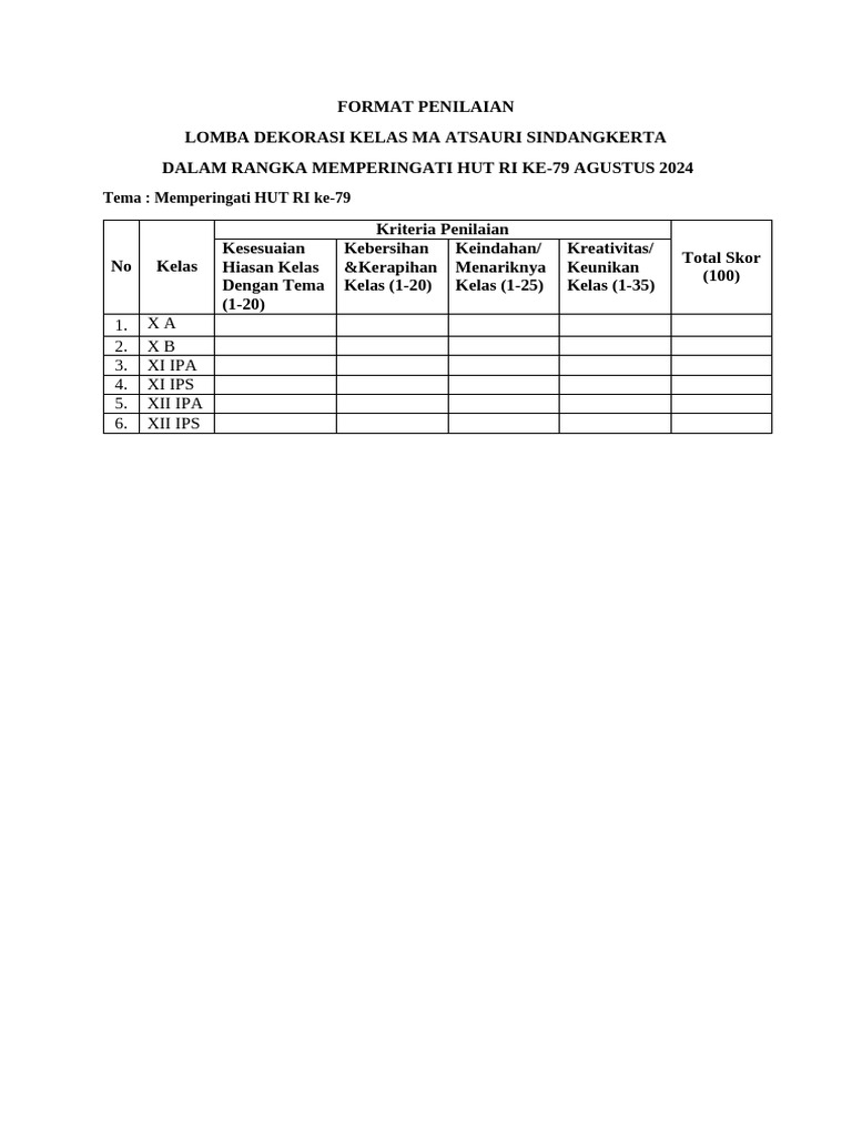 Format Penilaian Lomba Kelas | PDF