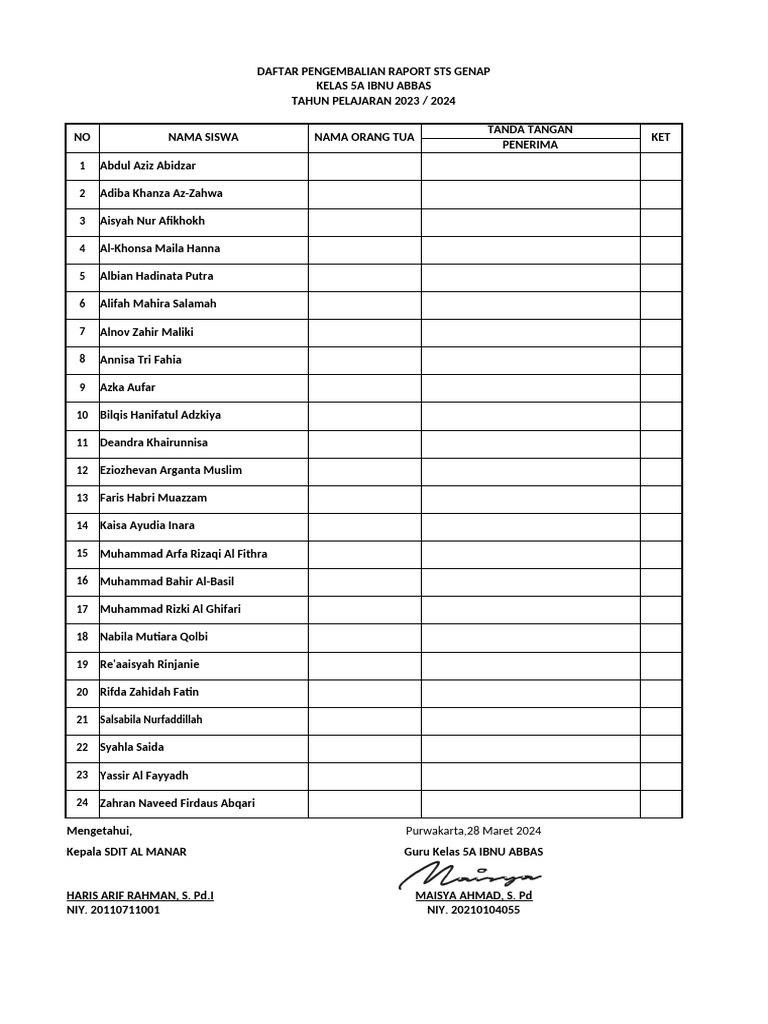 Daftar Pengambilan Rapot Sts Genap 5 23-24 | PDF