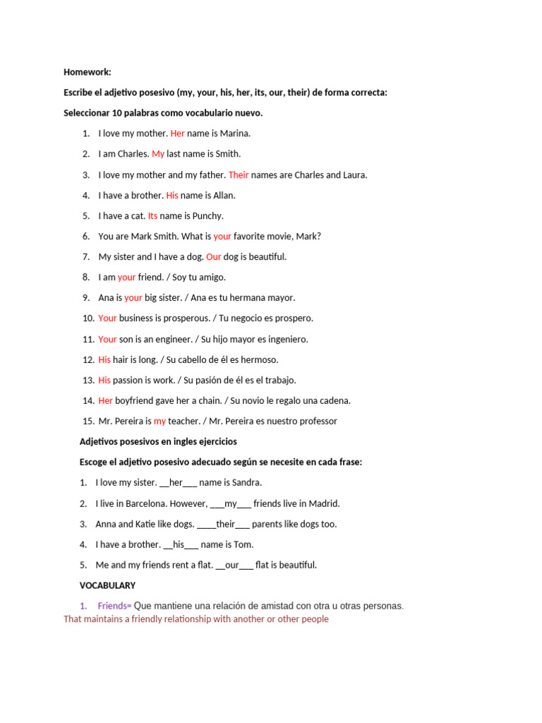 Homework (Possessive Adjectives | PDF