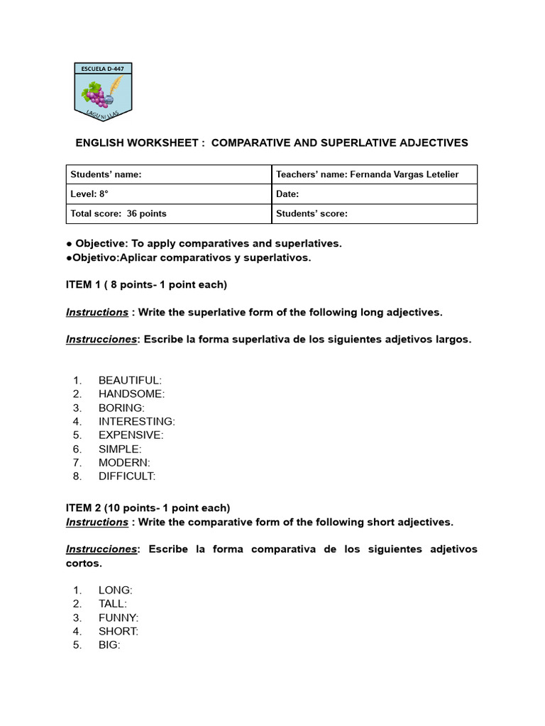 ENGLISH WORKSHEET - COMPARATIVE AND SUPERLATIVE ADJECTIVES 8th Grade. | PDF