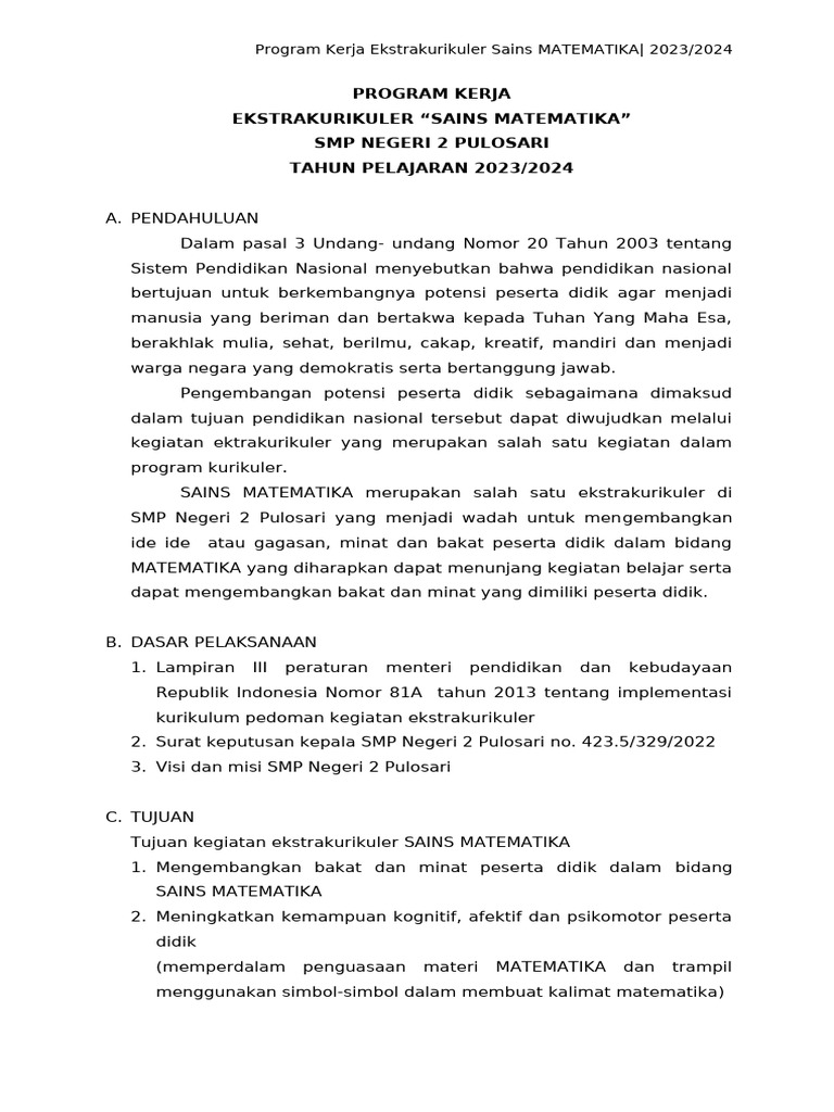 Program Kerja Ekskul Sains Matematika 2023-2024 | PDF