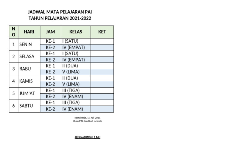 Jadwal Mata Pelajaran Pai | PDF