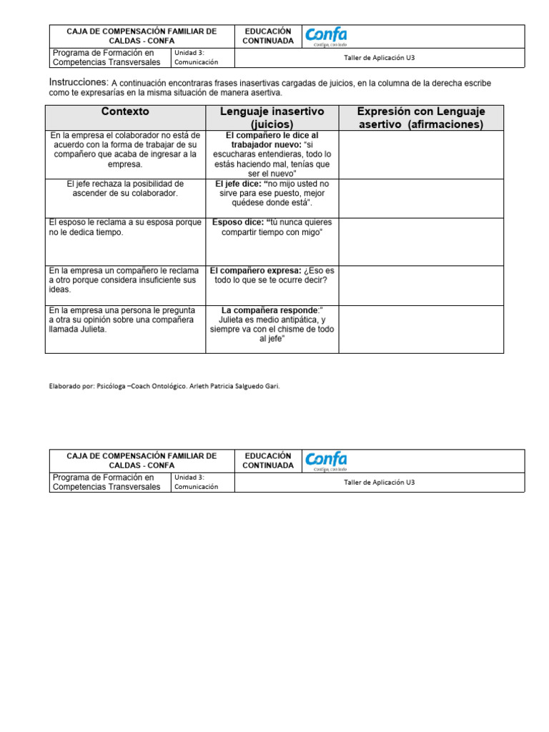 Taller de Aplicación U3 Asertividad Def | PDF