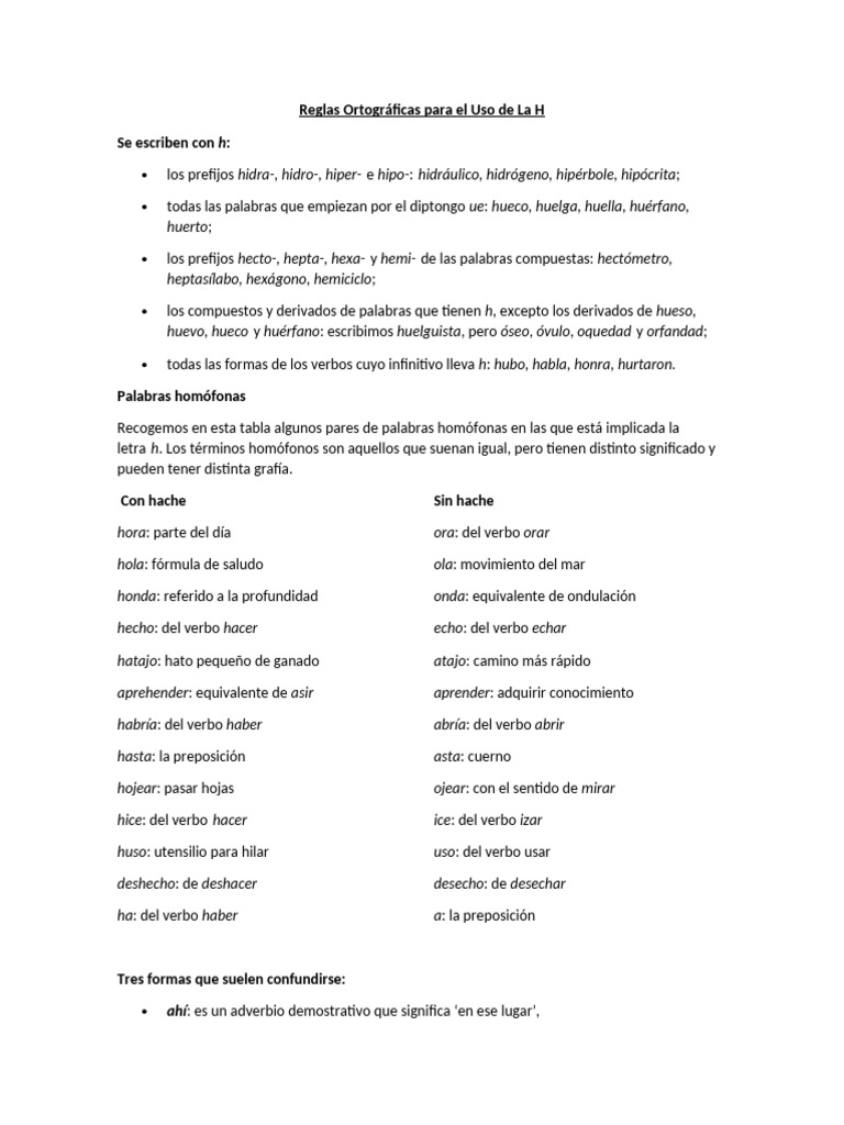 Reglas Ortográficas para El Uso de La H | PDF