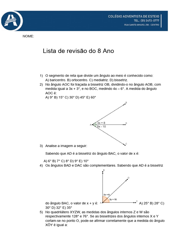 Lista Do 8 Ano - 2 Bimestre - AV2 - 2024 | PDF