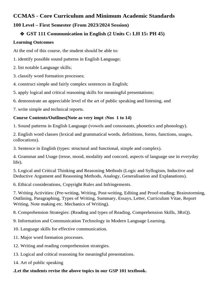 COMMUNICATION IN ENGLISH - CCMAS - Core Curriculum and Minimum Academic Standard | PDF