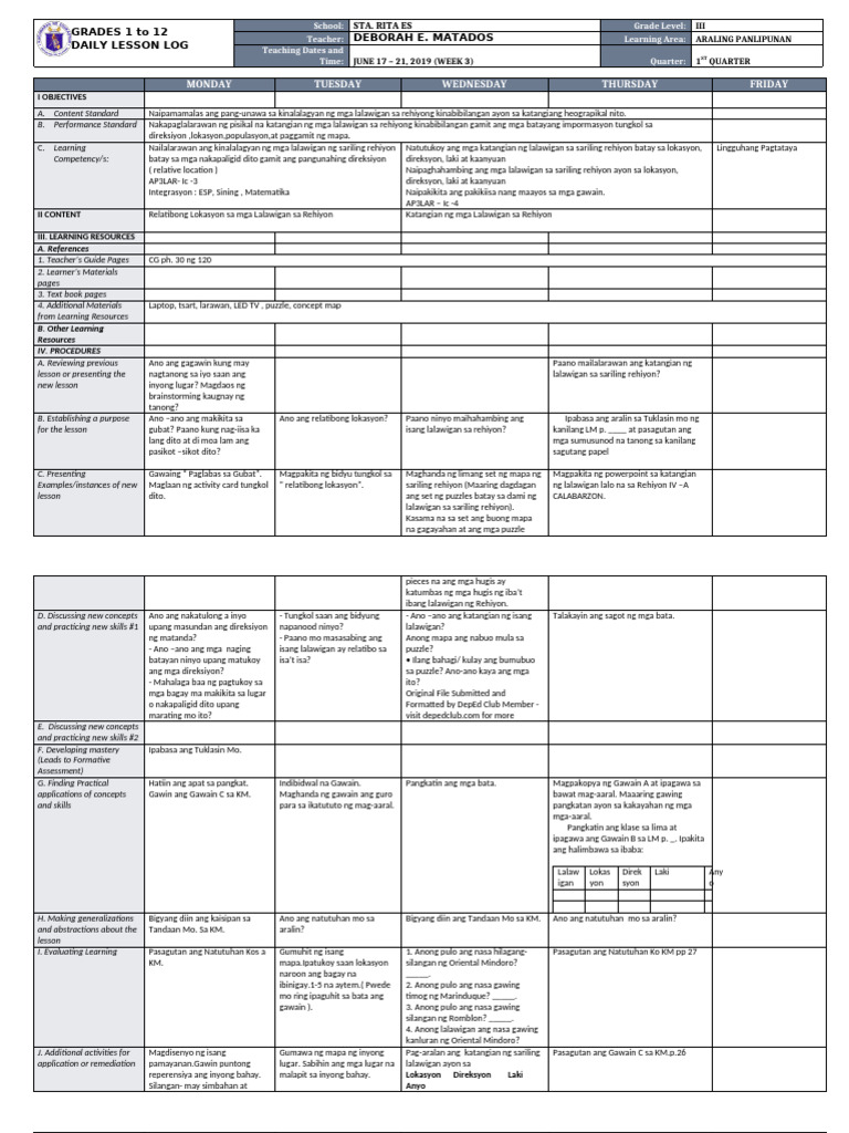 DLL - Araling Panlipunan 3 - Q1 - W3 | PDF | Cognitive Science | Human Communication