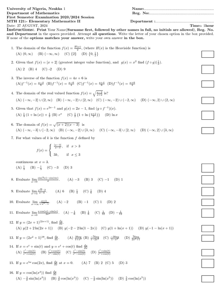 UNN MTH 121 Exam Questions 2023/2024 | PDF | Function (Mathematics ...