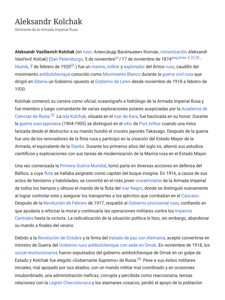 Aleksandr Kolchak - Wikipedia, La Enciclopedia Libre | PDF
