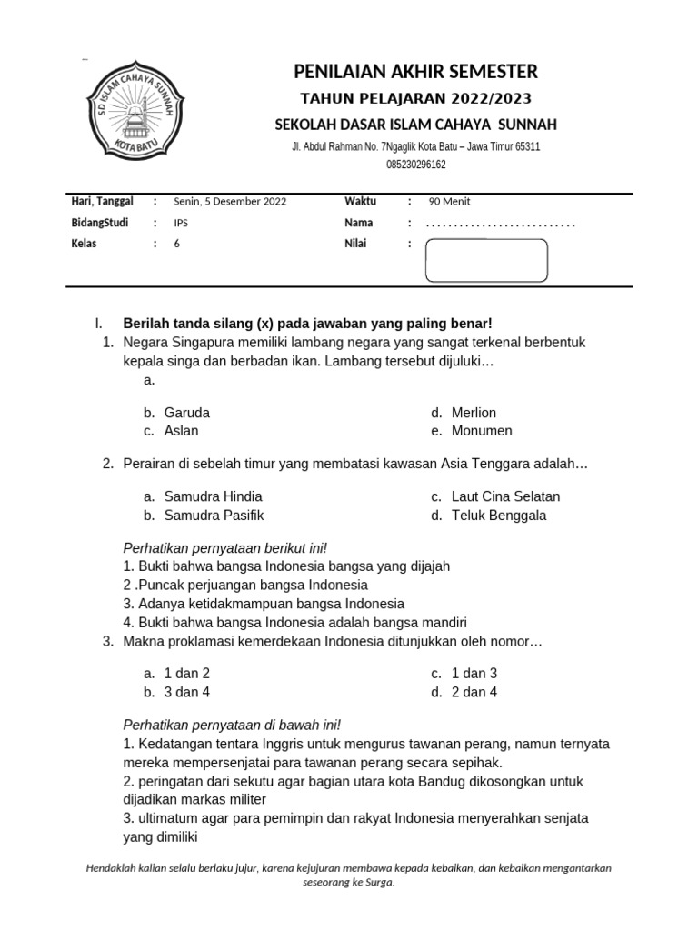 Pas 2022 Ips Kelas 6 | PDF