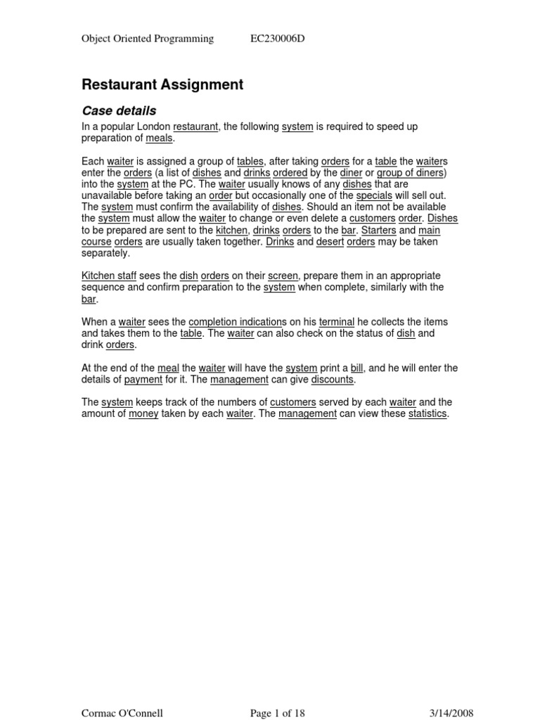 OOP Assignment 2 | PDF | Waiting Staff | Use Case
