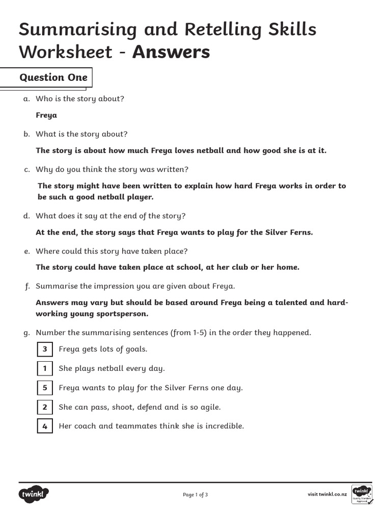 Answers - Summarising and Retelling Skills Worksheet | PDF