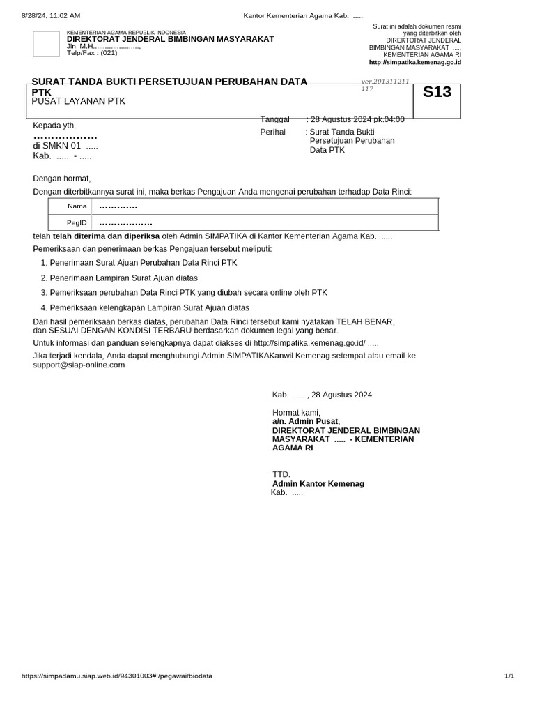 Surat Persetujuan Perubahan Data PTK - s13 | PDF