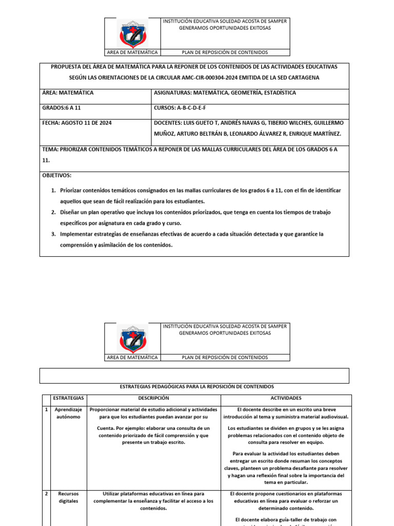 Propuesta Del Área de Matemática para La Reponer de Los Contenidos de ...