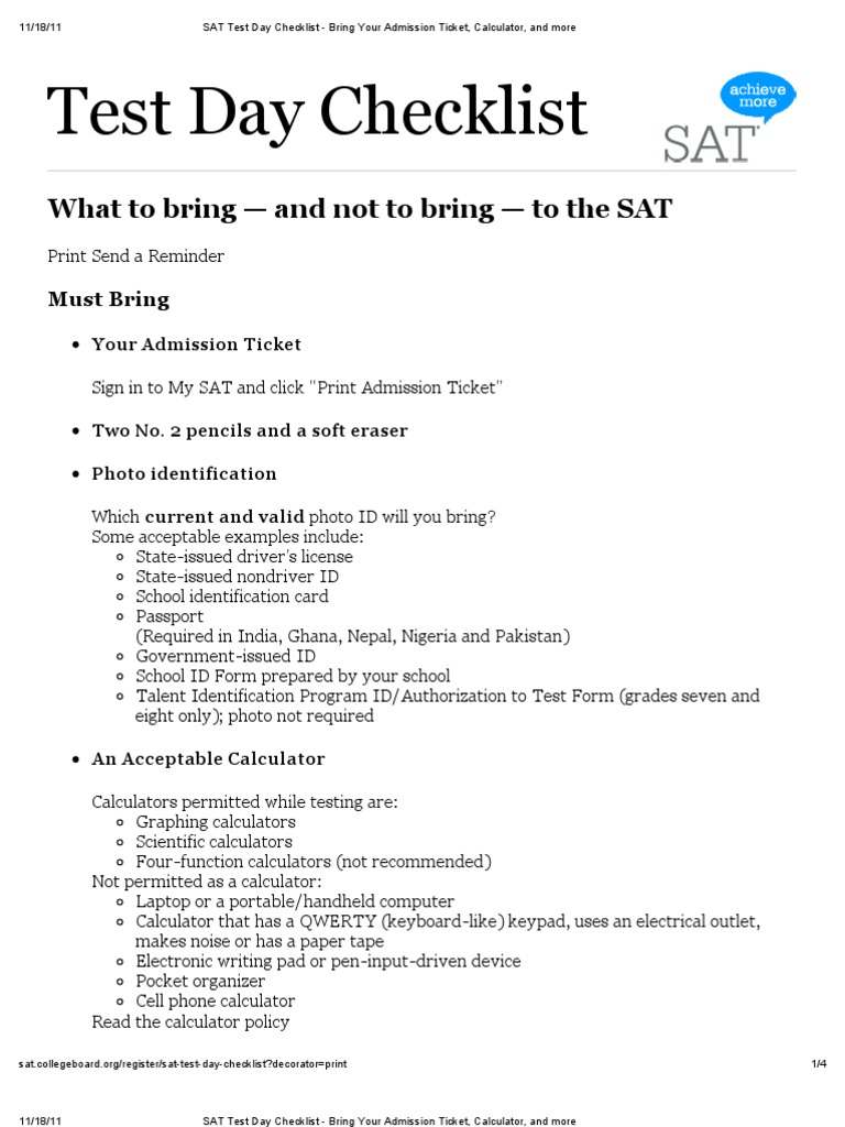 SAT Test Day Checklist - Bring Your Admission Ticket, Calculator, And ...