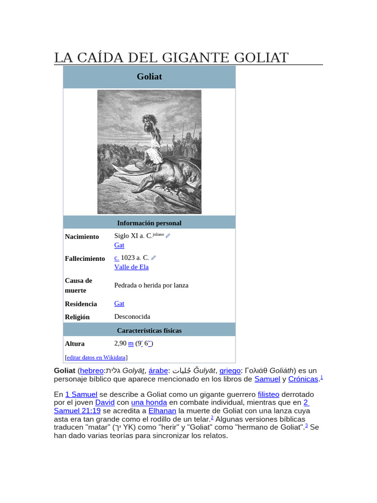 Altura y muerte de Goliat en la Biblia | PDF | Goliat | El antiguo ...