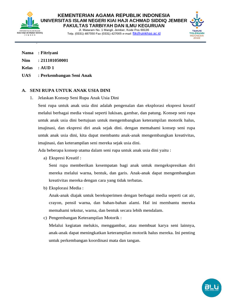 Fitriyani - 211101050001 - UAS Perkembangan Seni Anak | PDF
