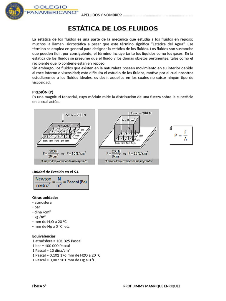 Estatica de Fluidos | PDF | Presión | Líquidos