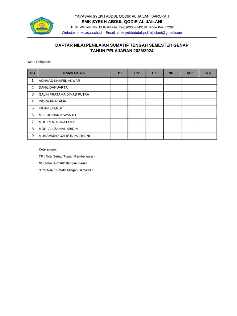 Form Nilai Sts Kls X | PDF
