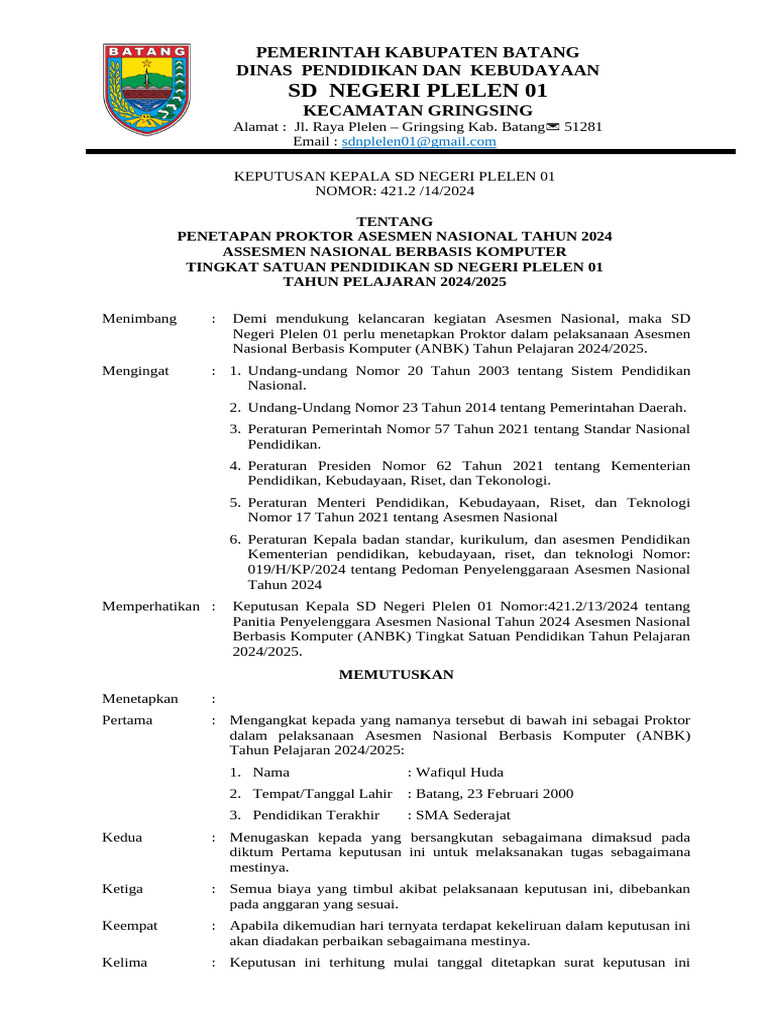 SK Proktor ANBK Tahun 2024 Tingkat Satuan Pendidikan | PDF