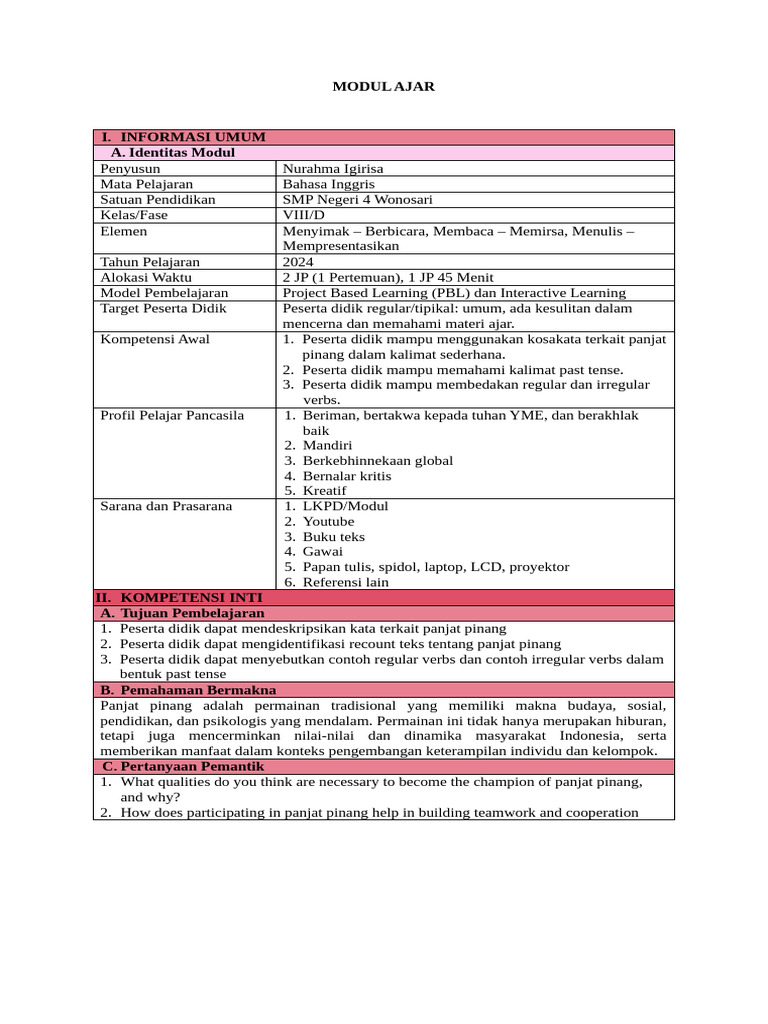 Modul Ajar - VIII A - Chapter 1 - Unit 1 | PDF