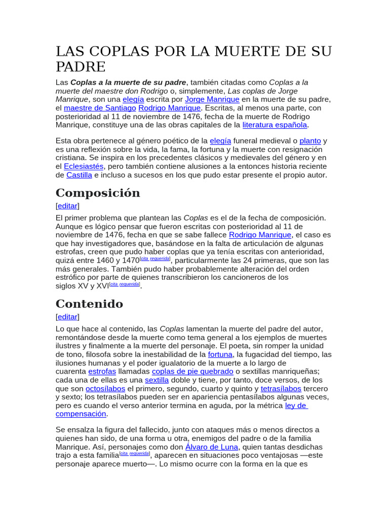 Las Coplas Por La Muerte de Su Padre | PDF