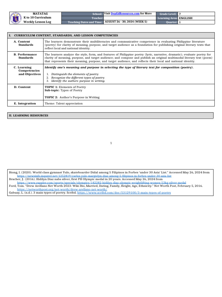DLL Matatag - English 7 q1 w5 | PDF | Poetry | Narrative