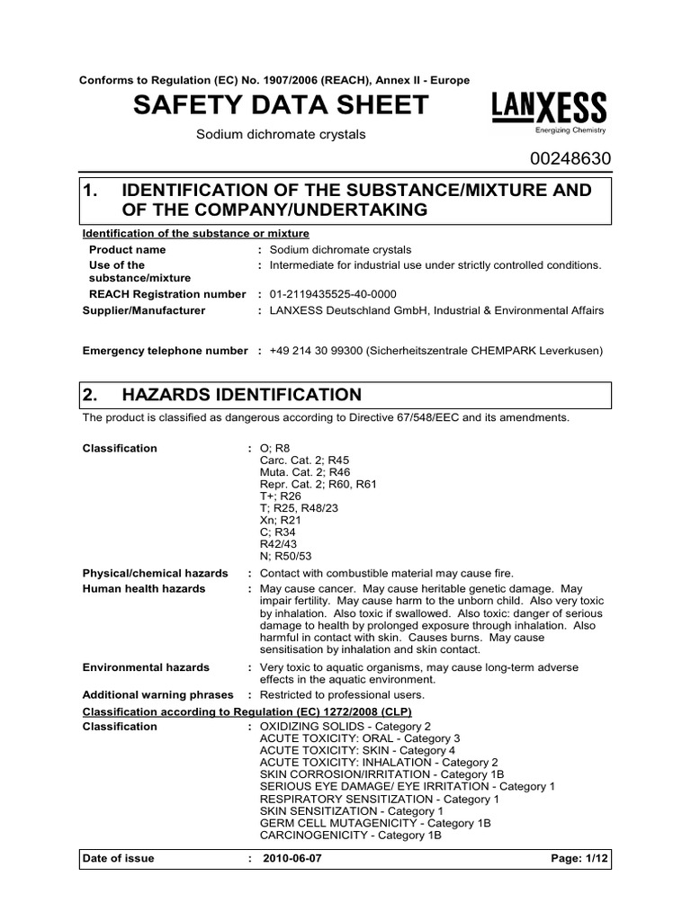 Sodium Dichromate Msds-LANXESS | PDF