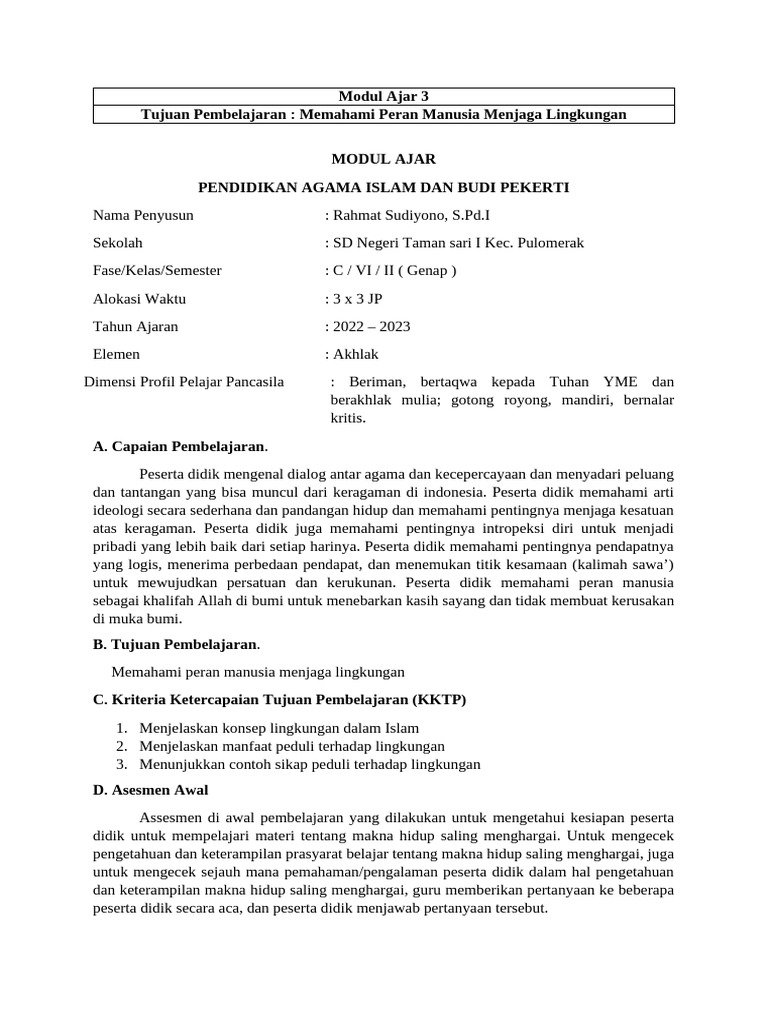 Modul Ajar 8 Pai SD KLS Vi Sem 2 | PDF