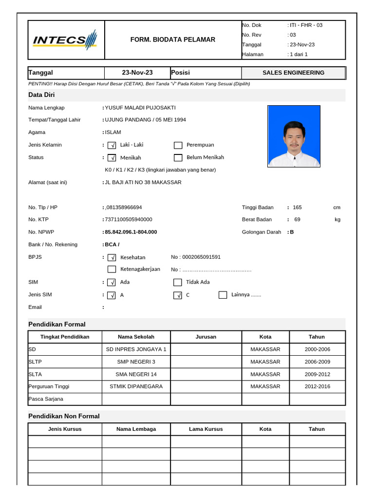 03 Form Biodata Pelamar Iti-Fhr-03 - Rev 03 | PDF