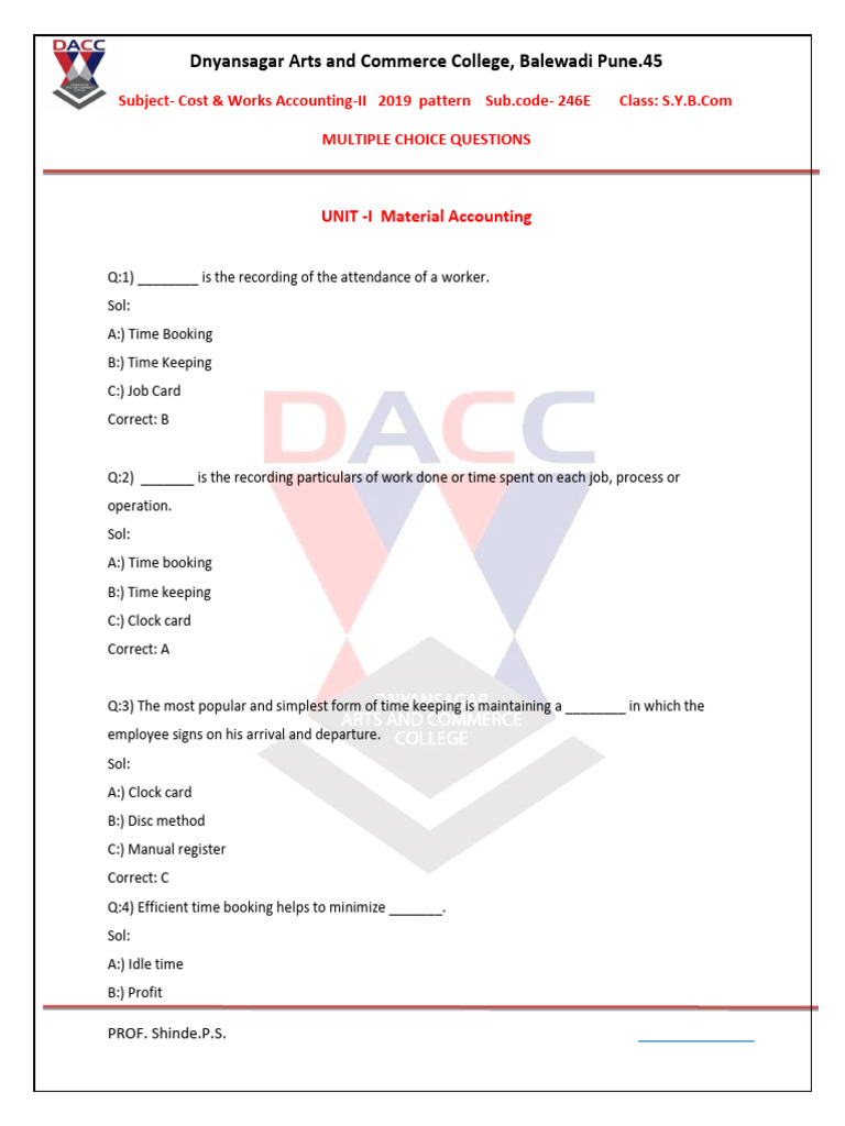 MCQ 246e Sybcom Cost-works-Accountign | PDF | Piece Work | Enterprise Resource Planning