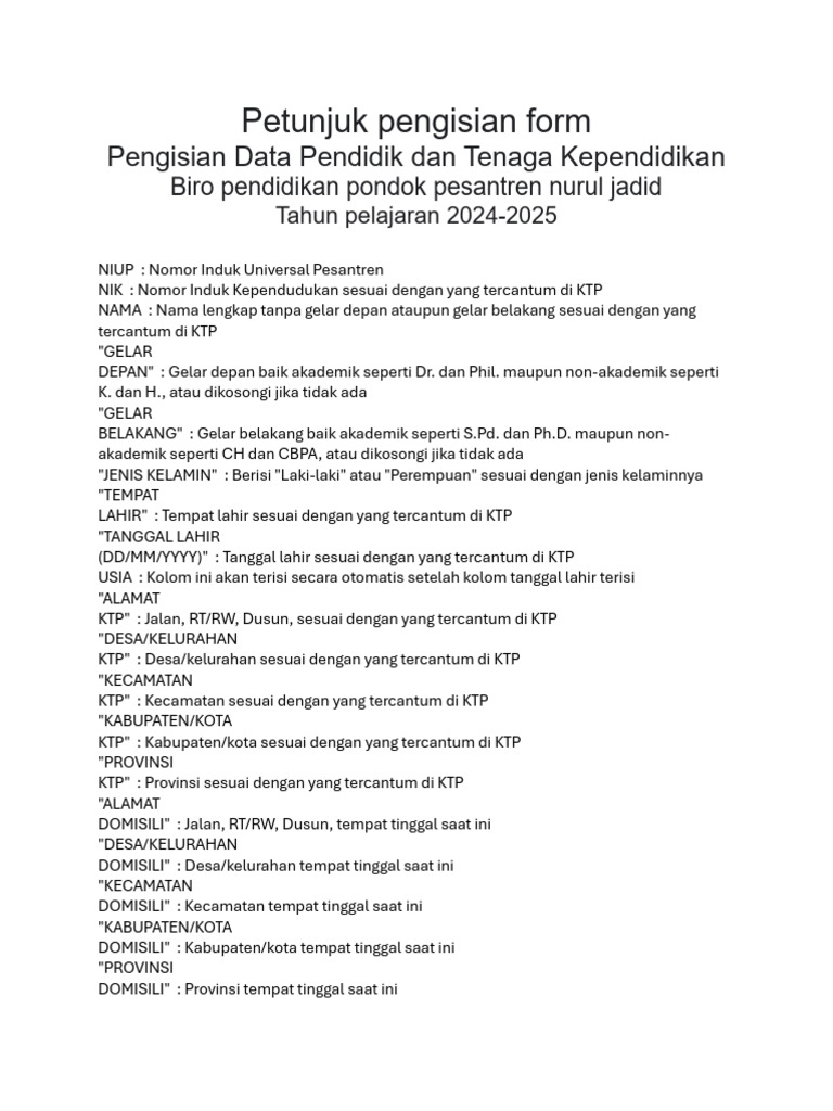 Petunjuk Pengisian Form | PDF