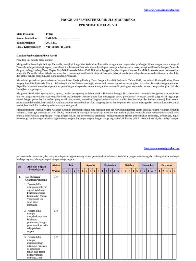 Prosem Fase D Kelas 7 - Pendidikan Pancasila | PDF