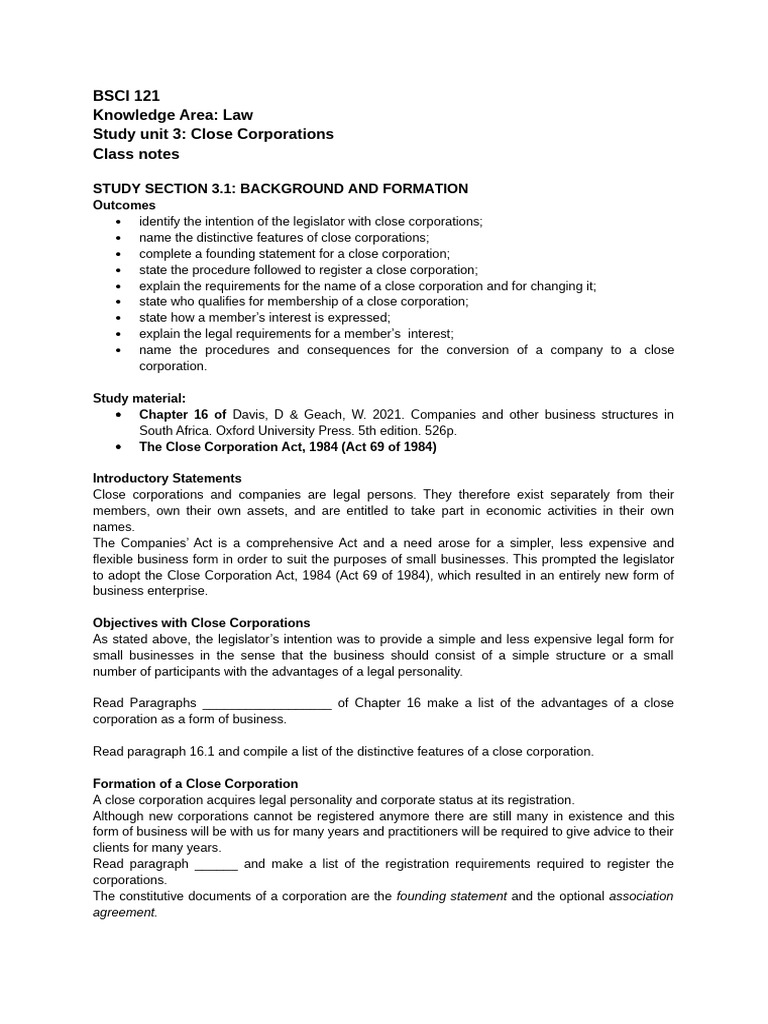 Close Corporations: A Study Guide | PDF | Corporations | Finance ...