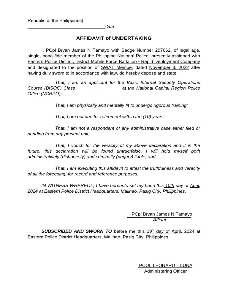 Waiver Affidavit of Undertaking - BISOC - 1 | PDF