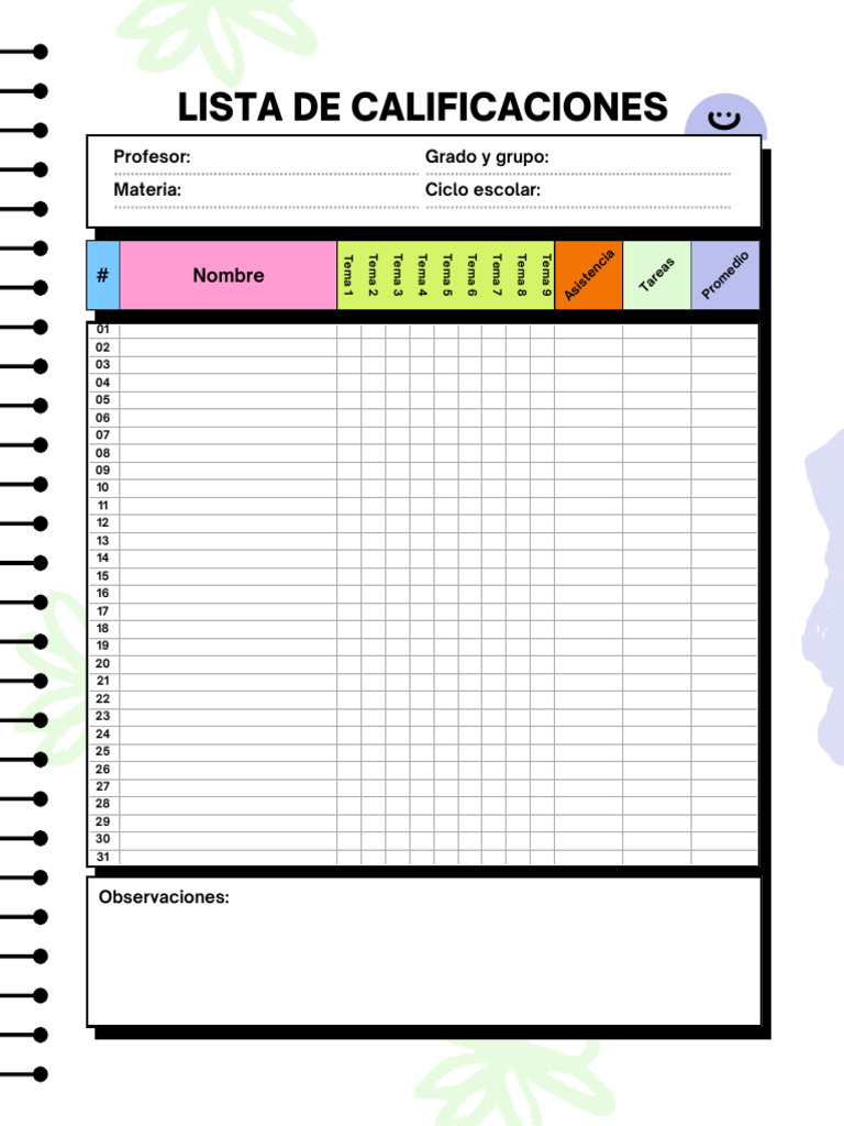 Boleta de Calificaciones Lista de Calificaciones Didáctico Negro y ...