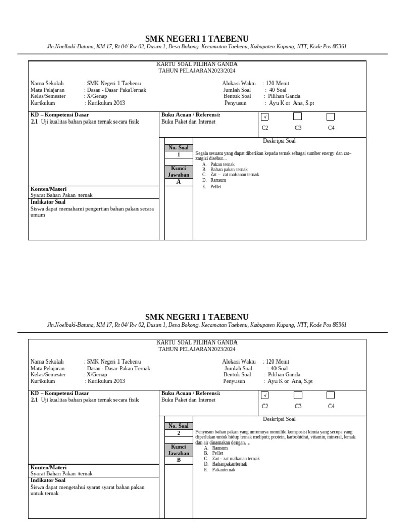 KARTU SOAL PAS DD Pakan Ternak X 2 | PDF