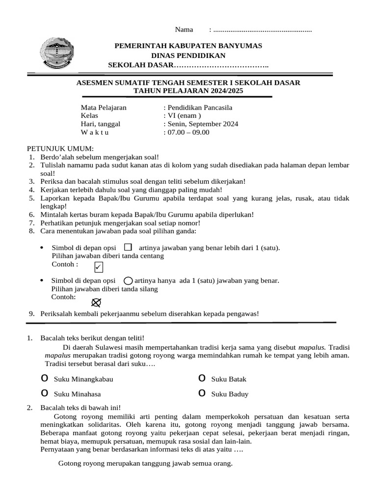 Soal Pendidikan Pancasila VI Kumer | PDF