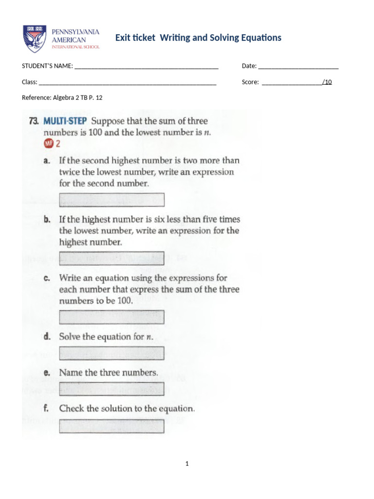 Exit Ticket Writing and Solving Equations-1 | PDF