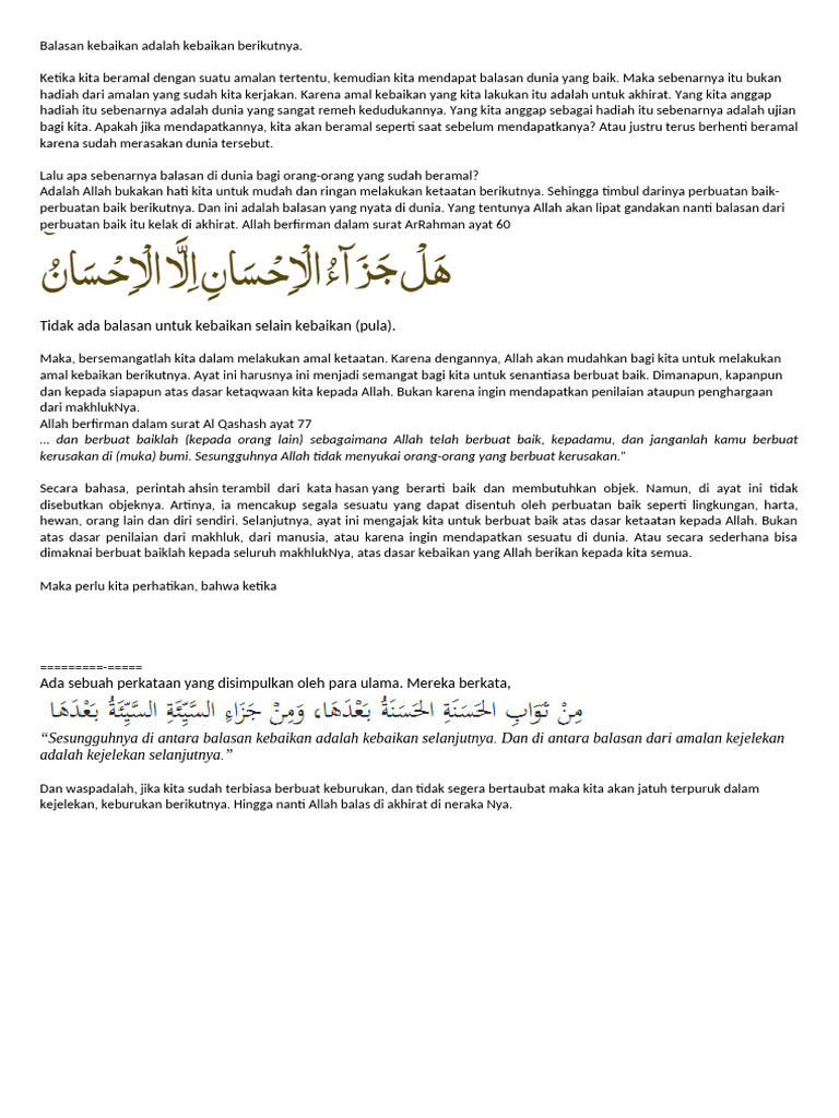 Balasan Kebaikan Adalah Kebaikan Berikutnya | PDF
