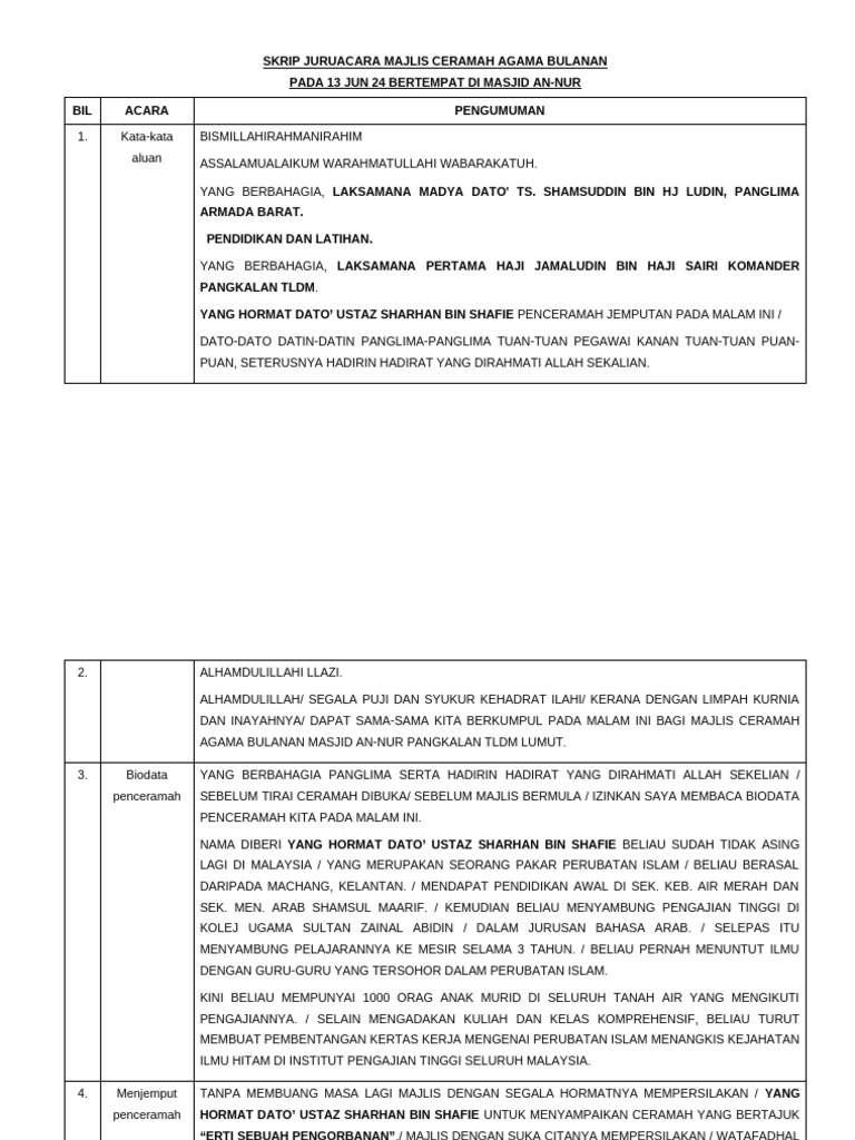 Skrip Juruacara Majlis Ceramah Agama Bulanan | PDF
