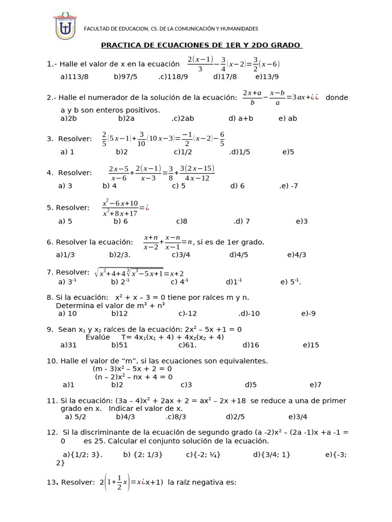 Practica de Ecuaciones de 1er y 2do Grado | PDF
