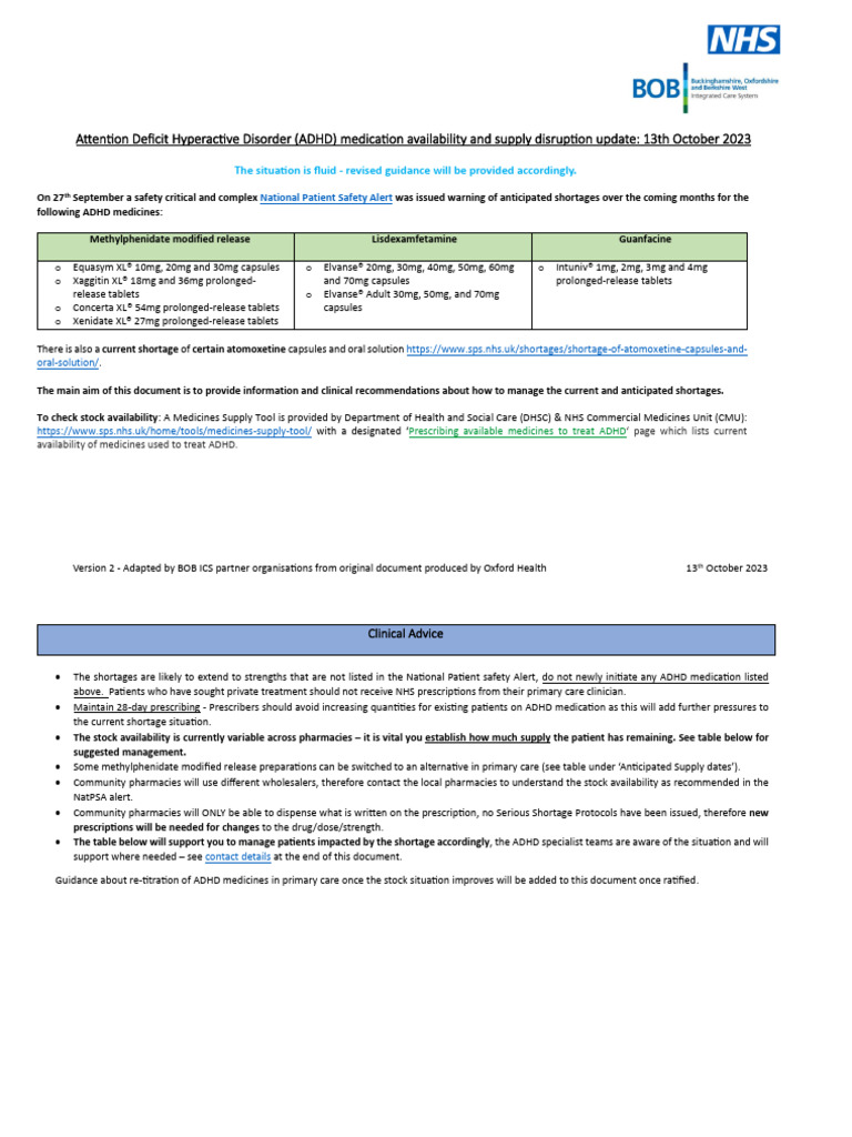 ADHD Medication Shortage - BOB ICS Advice | PDF