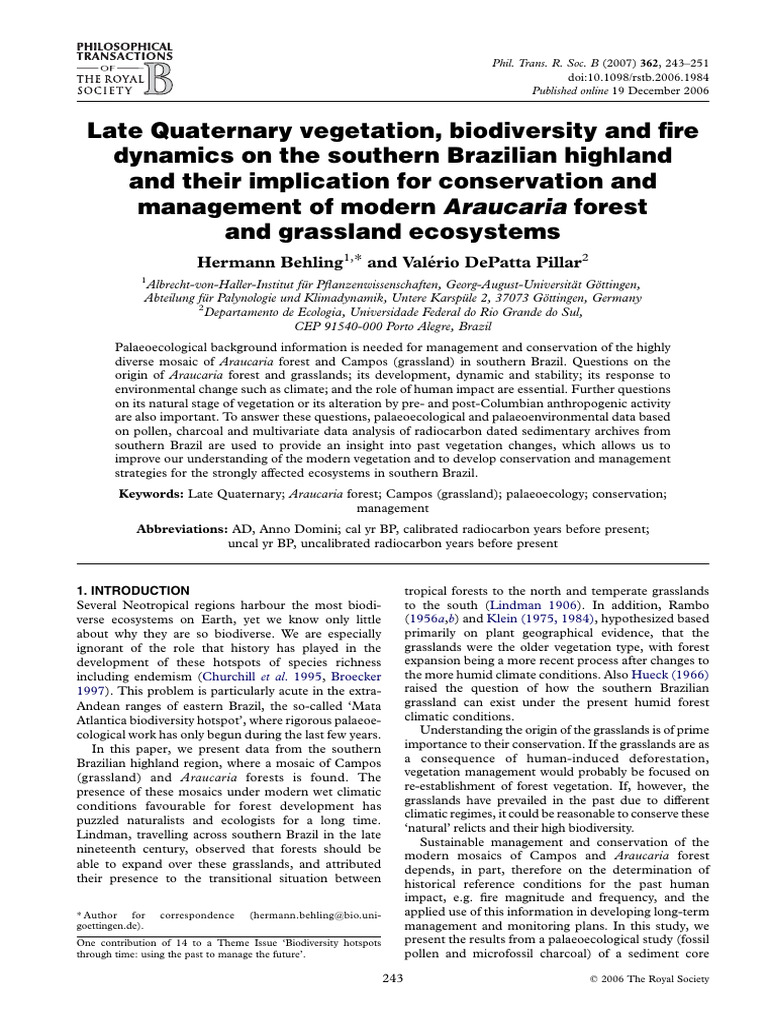 Behling Pillar 2007 PhilTransRoyalSocB Print | PDF